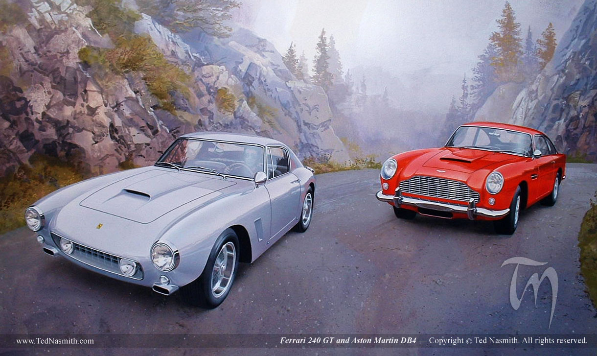 Ferrari 240 GT and Aston Martin DB4 – Ted Nasmith